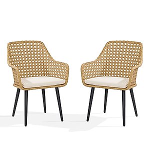 Verano Garden Patio Modern Dining Chairs Set of 2, Outdoor Rattan Dining Chair with Cushion and Armrest, Rust-Resistant Steel Frame Dining Chair Set for Yard, Porch, Deck, Lawn, Patio