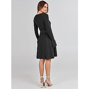 ANRABESS Sweater Dress for Women 2023 Fall Fashion Long Sleeve V Neck Tie Waist A-Line Pleated Swing Sexy Elegant Ribbed Knit Midi Formal Wedding Guest Dresses 1195heise-M Black