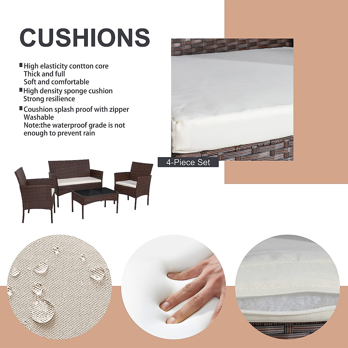 SUNLEI 4 Pieces Outdoor Patio Furniture Sets Conversation Sets Rattan Chair Wicker Set,Coffee Table,Outdoor Indoor Use Backyard Porch Garden Poolside Balcony Furniture(Brown Rattan/White)