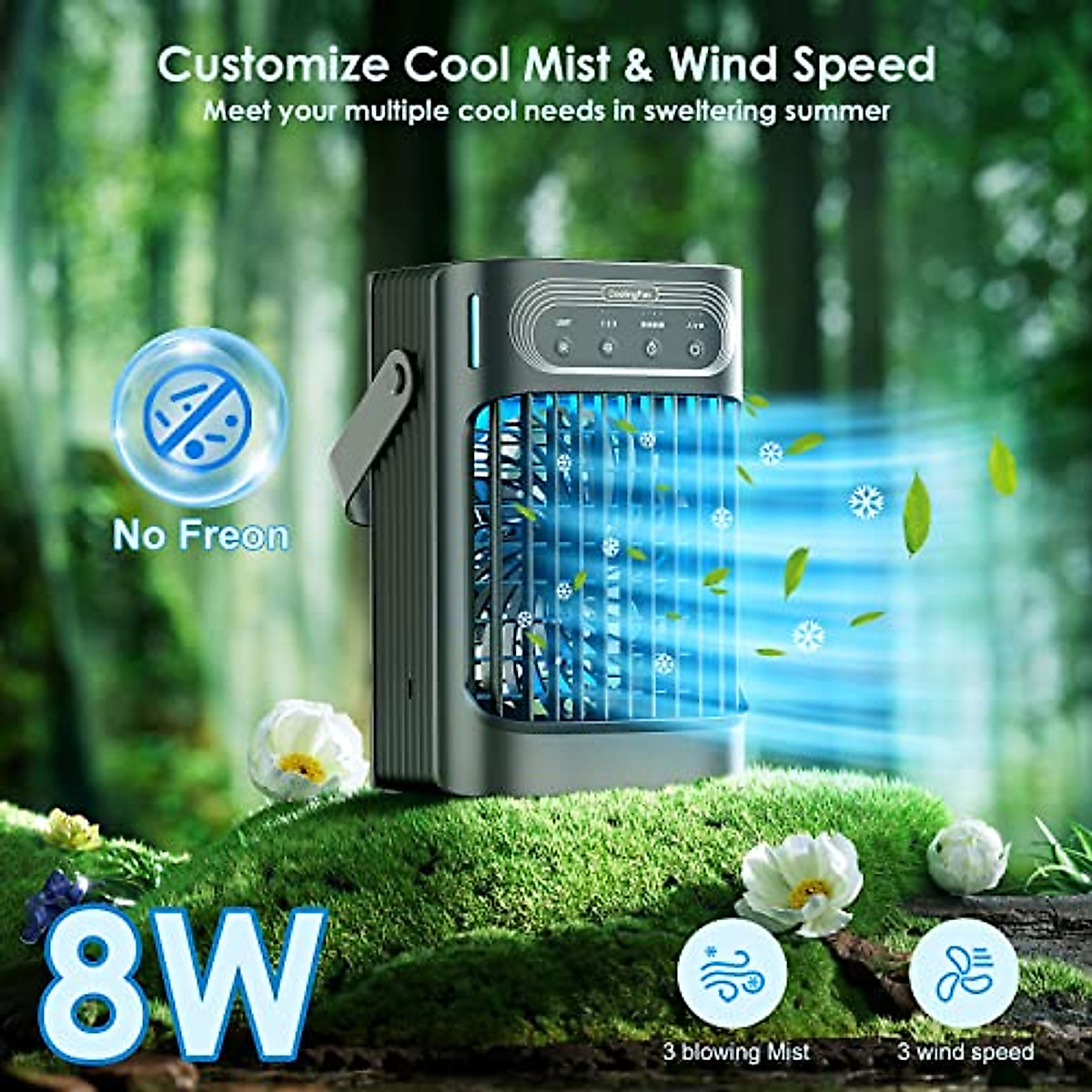 Portable Air Conditioners Fan – Daonsuty Evaporative Air Cooler Cooling Fan with 3 Cool Mist & 3 Speeds, 7 Night Light & 2-8H Timer, Personal Table Air Conditioners Fan for Bedroom Office Camping