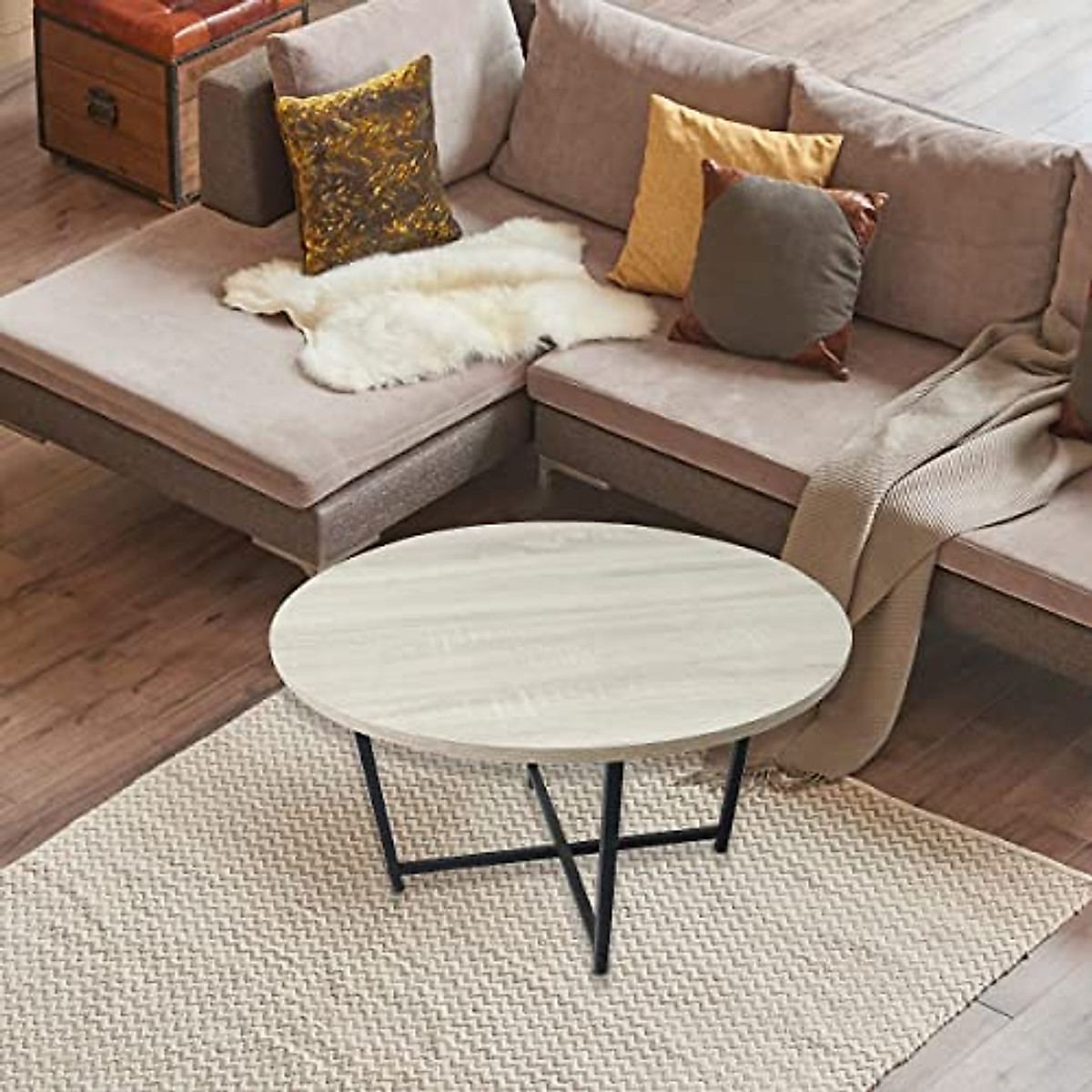 Round Coffee Table, Modern Small Coffee Table Sofa Table Tea Table for Living Room, Office Desk, Balcony, Wood Desktop and Metal Legs, 23.6inch White Oak