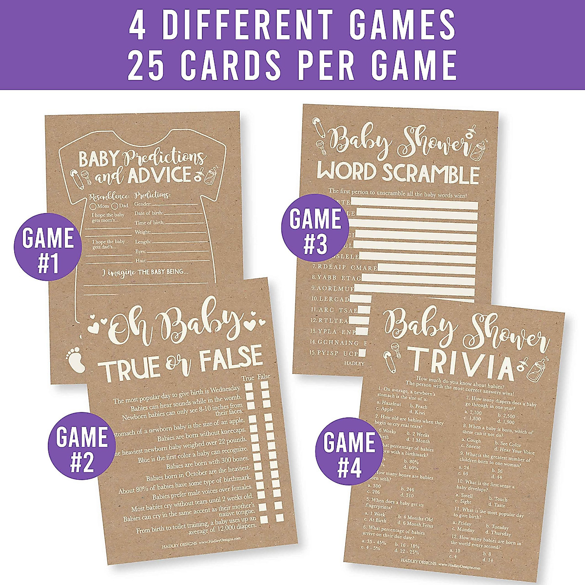 Hadley Designs Rustic Baby Shower Games Gender Neutral - 50 cards, Two 25-game sets, 4 Games Double Sided, Baby Prediction And Advice Cards, Baby Trivia, True Or False Baby Game, Gender Reveal Games