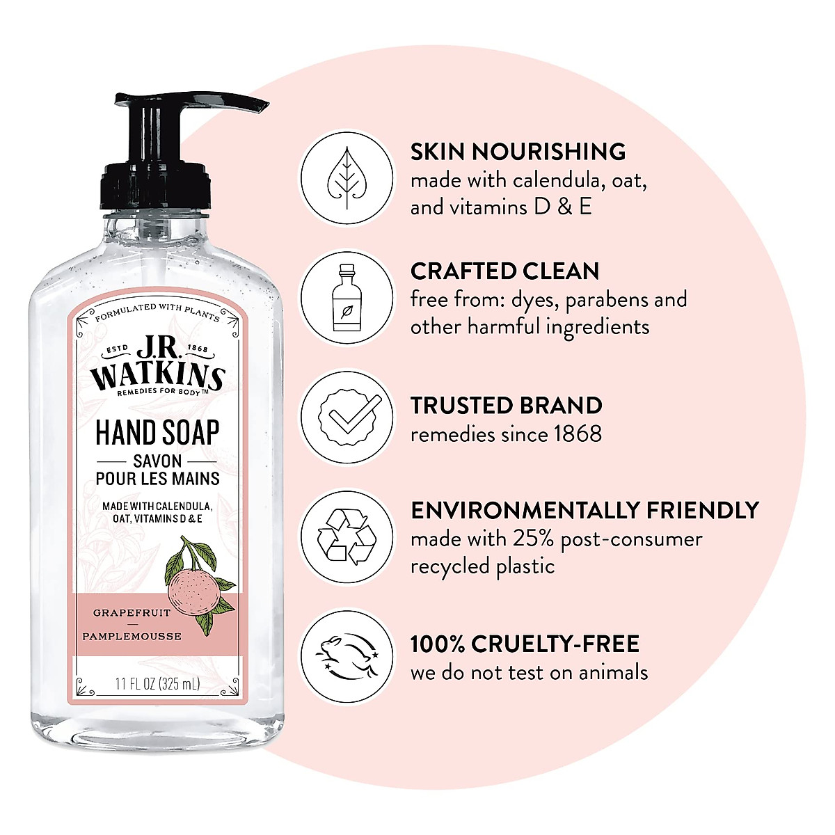 J.R. Watkins Gel Hand Soap For Bathroom or Kitchen, Scented, USA Made And Cruelty Free, 11 Fl Oz, Grapefruit, 3 Pack