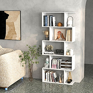 Tangkula 5-Tier Geometric Bookshelf, S Shaped Bookcase w/Anti-Toppling Device, Freestanding Room Divider, Industrial Home Office Decor Wood Open Storage Display Shelf for Living Room (1, White)