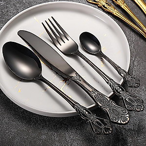 Black Flatware Set for 12, 48 Piece Royal Court Silverware Set, Vintage Embossed Cutlery Utensil Set Include Knife Fork Spoon, Mirror Polished, Dishwasher Safe