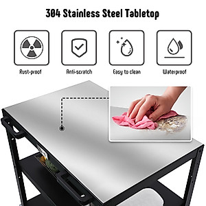 Feasto Large Movable Pizza Oven Table for Outdoor, 36''x 24'' Tabletop Stainless Steel Grill Cart with Wheels, 3-Shelf Outdoor Kitchen Prep Table Pizza Oven Stand on Wheels for Ooni 16, Blackstone