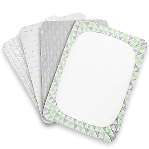 Pack n Play Sheets – Premium Pack and Play Sheets 4 Pack – 100% Super Soft Jersey Knit Cotton Playard Mattress Sheets – Portable Playpen Fitted Play Yard Mini Crib Sheet for Boy & Girl (24 x 38 x 5)