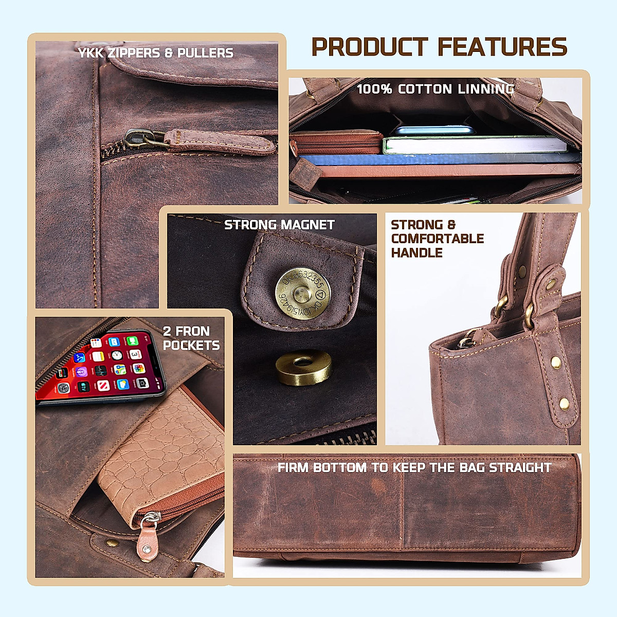 VALENCHI-Leather Shoulder Bag with Front and Back Zipper pocket with Large storage capacity (Brown Vintage)