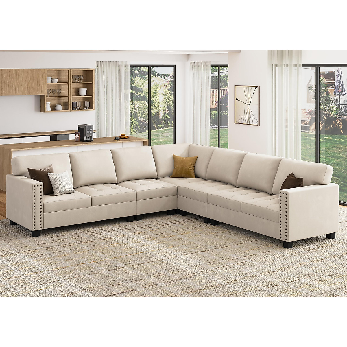 HONBAY Modular Velvet Sectional Couch, Convertible L Shaped Sofa with Reversible Chaise Oversized Sectional Corner Sofa Set for Living Room, Beige