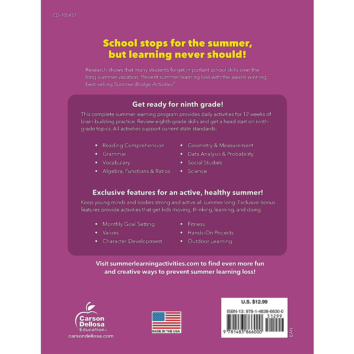 Summer Bridge Activities 8th to 9th Grade Workbooks, Math, Reading Comprehension, Writing, Science, Social Studies, Fitness Summer Learning, 9th Grade Workbooks All Subjects With Flash Cards