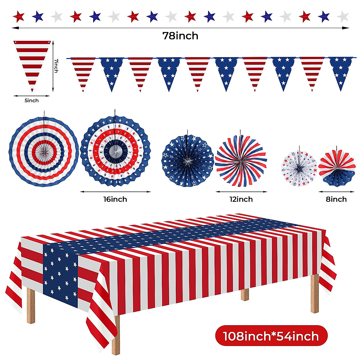 HOOSUN 4th of July Decorations Set, 9 Pcs Red White and Blue Paper Fans Patriotic Decor, USA Pennant Bunting,Star Streamers,Patriotic Tablecloth for Fourth of July Party Supplies, Memorial Day Decor