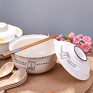 Swlthwen Ceramic Ramen Bowl with Lid Soup Bowls with Lid for Soup and Noodles Microwave Ceramic Soup Bowl Instant Noodle Bowl Cereal Bowl with Lid (YF)