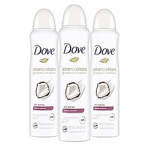 Dove Advanced Care Dry Spray Antiperspirant Deodorant Caring Coconut 3 Count For Women With 48 Hour Protection Soft And Comfortable Underarms 3.8 oz