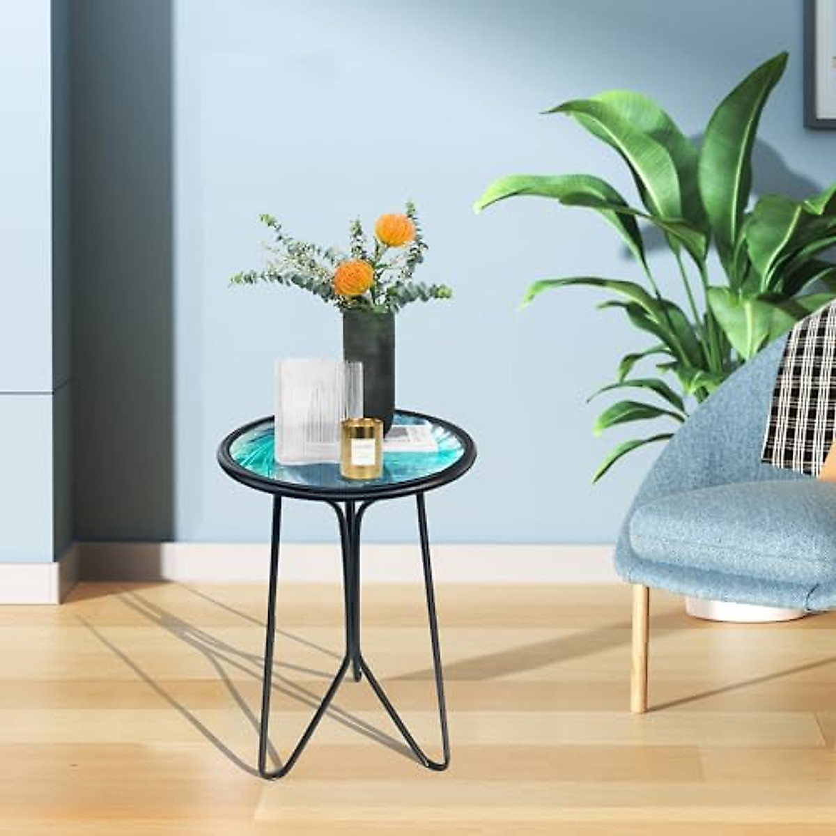 LIFFY Patio Side Table - Small Round End Table - Metal Side Table - Small Porch Table for Indoor and Outdoor Decor (12in Glass Top)