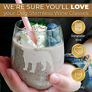 Greenline Goods French Bulldog Stemless Wine Glasses (Set of 2) - Unique for Dog Lovers - Etched 2-Sided Frenchie Silhouette with Breed Name on the Bottom