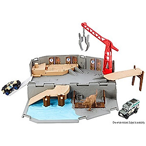 Jurassic World Toys Matchbox Harbor Rescue Playset, Dock, Ramps, Crane, Habitat Pen, Push Button Trigger, Triceratops Dino Action Figure, Off Road vehicle, Folds Up for Easy Storage, Portable