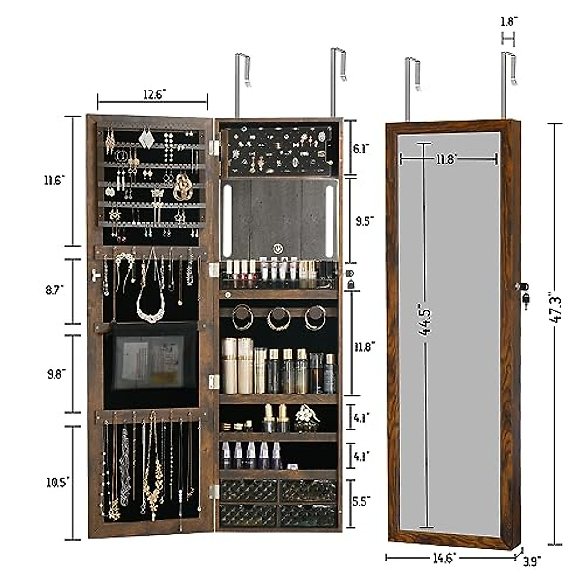 MASMIRE Full Length Mirror Jewelry Armoire With Built-In Touch Light - 47.3' H Cabinet With Wall Mount/Over The Door Mirror, Jewelry Storage and 4 Drawers - Rustic Brown