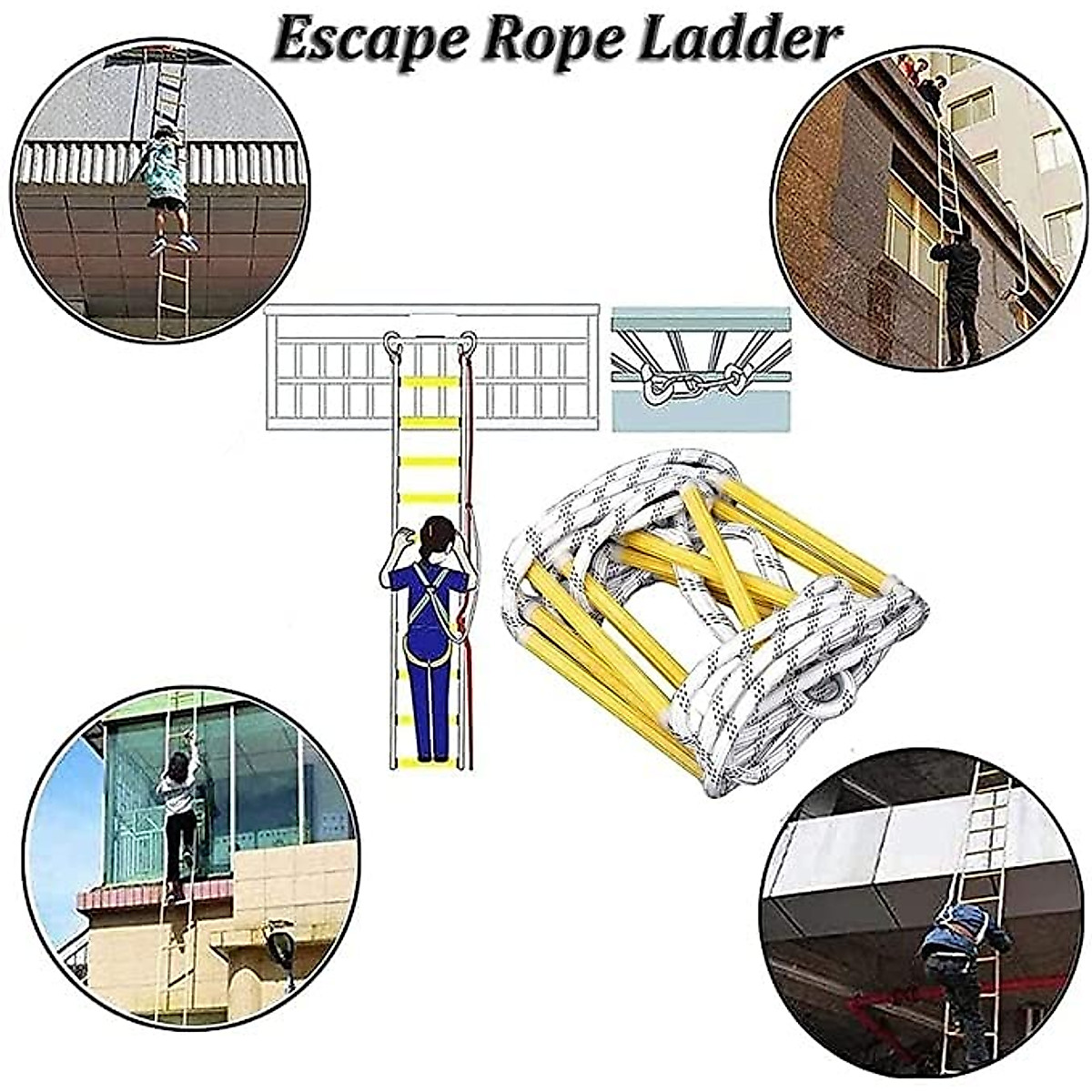 Fire Escape Rope Ladder for Window and Balcony, 2-8 Story Safety Flame Resistant Rescue Ladder Reusable Emergency Ladders for Home with Hook