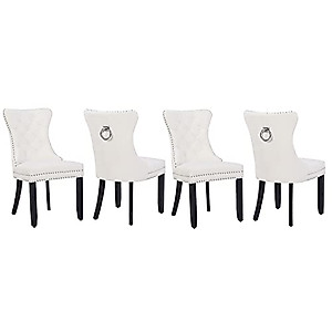 BTEXPERT High Back Velvet Tufted Upholstered Dining Chairs, Solid Wood-Nail Trim, Ring White Set of 4, Set of 4, White, Set of 4, White
