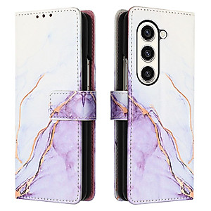 LEMAXELERS Samsung Z Fold 5 Case, Galaxy Z Fold 5 5G for Women Girls Case with Card Holder PU Leather Detachable Wrist Strap Wallet Case for Samsung Galaxy Z Fold 5 5G Marble White Purple