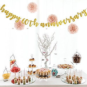 Dalaber Happy 60th Anniversary Banner, 60th Wedding / Anniversary Party Decorations, Happy Anniversary Theme Party Sign Anniversary Banner - Gold