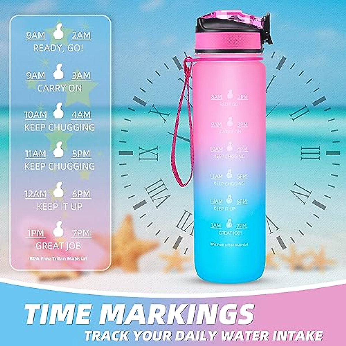 West Biking 32 oz Water Bottle with Time Marker and Straw, Motivational Water Bottles with Clean Brush, Leakproof & BPA Free, Drinking Sports Water Bottle for Fitness Gym Outdoor