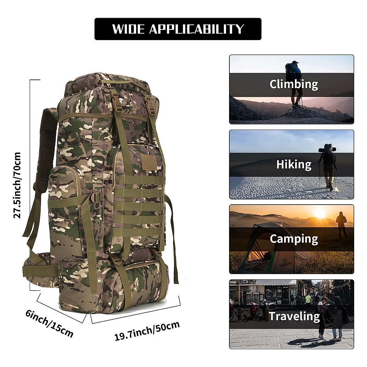 W WINTMING Hiking Backpack for Men 70L/100L Camping Backpack Military Rucksack Molle 3 Days Assault Pack for Climbing