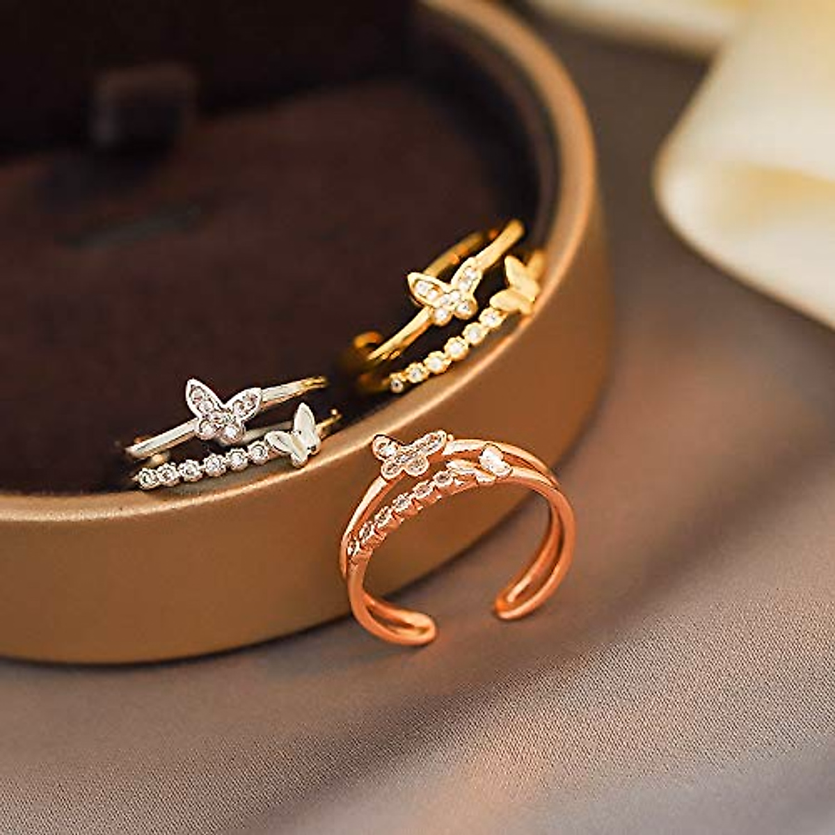 FUTIMELY Dainty Butterfly Ring for Women Silver Rose Gold Double Butterfly Ring Adjustable Crystal Butterfly Knuckle Ring (Silver)