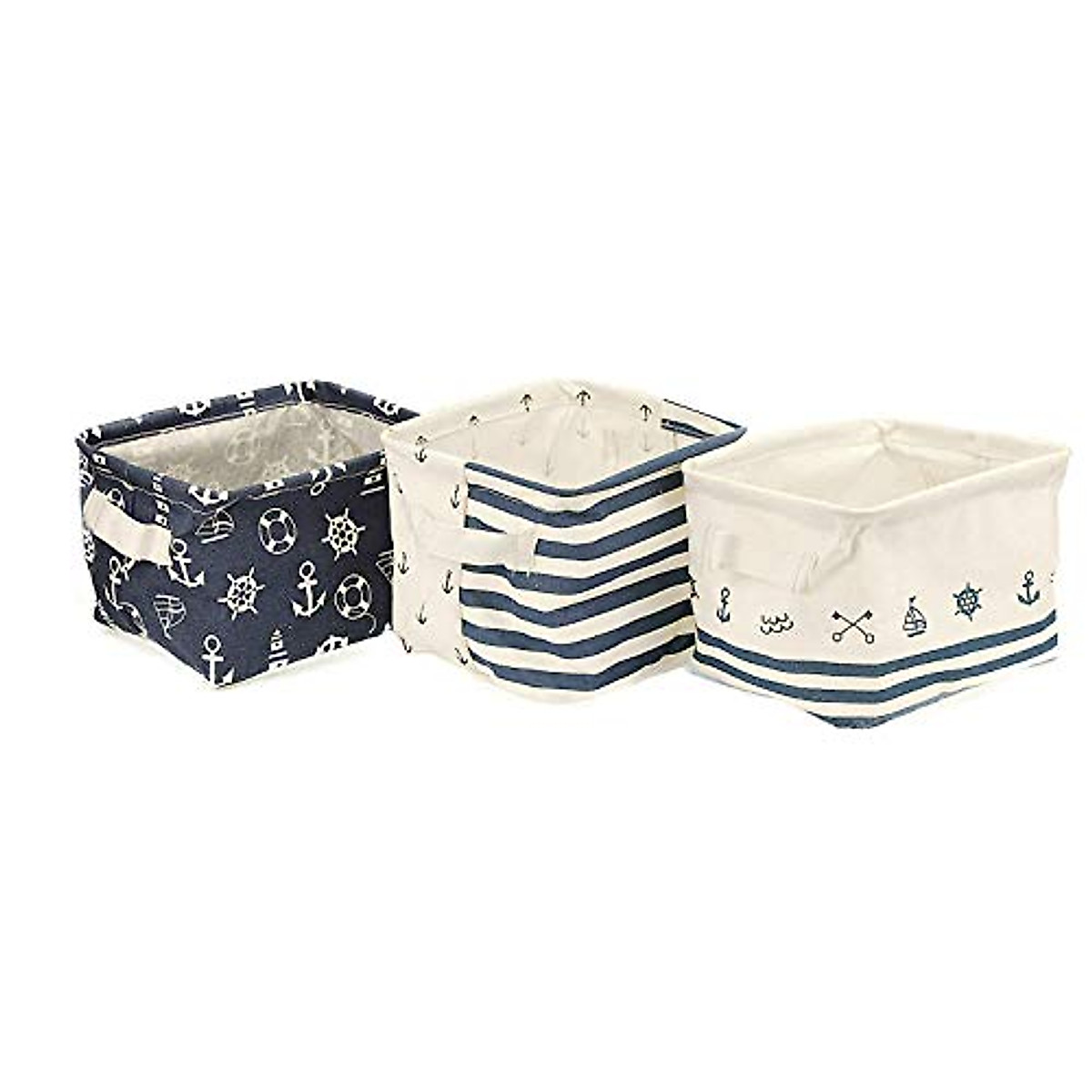 Orino Waterproof Nursery Nautical Fabric Small Storage Baskets Beach Anchor Theme Collapsible Portable Storage Bins with Handle for Cloth, Toys, Books, Sundries, Set of 3