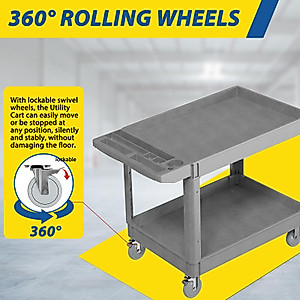 Utility Service Cart with Wheels, 2-Shelf Rolling Plastic Tool Cart (45.7" x 25.4") with 550 LBS Capacity, Work Cart with Ergonomic Storage Handle for Warehouse, Garage, Office, Gray