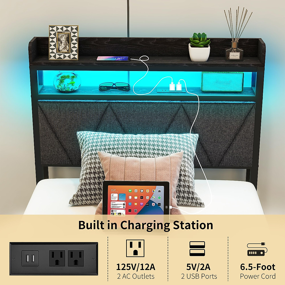 VERFARM Twin Size Bed Frame with LED Lights Storage Upholstered Headboard and USB Charging Station, Heavy Duty Metal Single Platform Bed Frame Twin Size, No Box Spring Needed, Easy Assembly