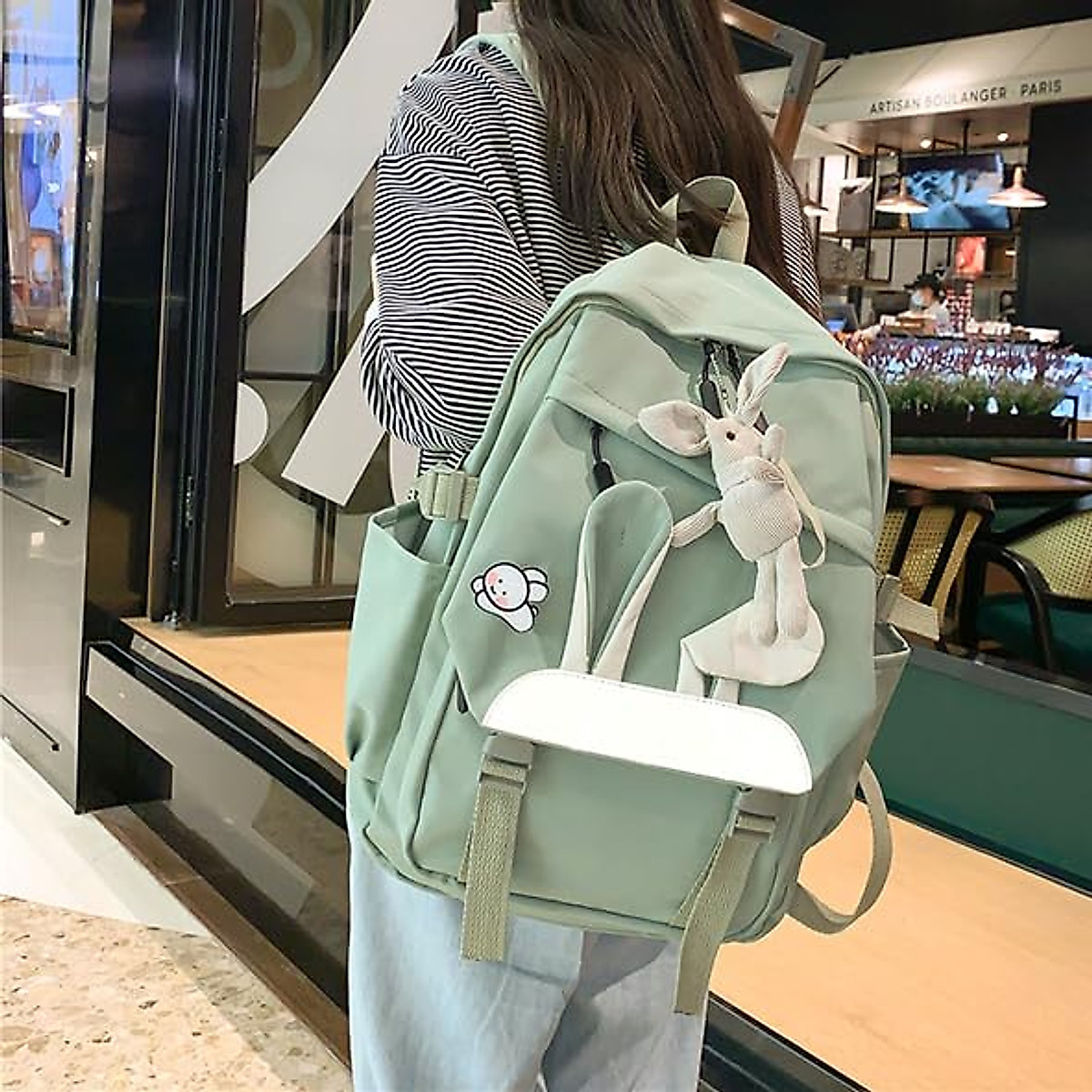 MOwers Kawaii Backpack with Cute Rabbit Pendant (Green)