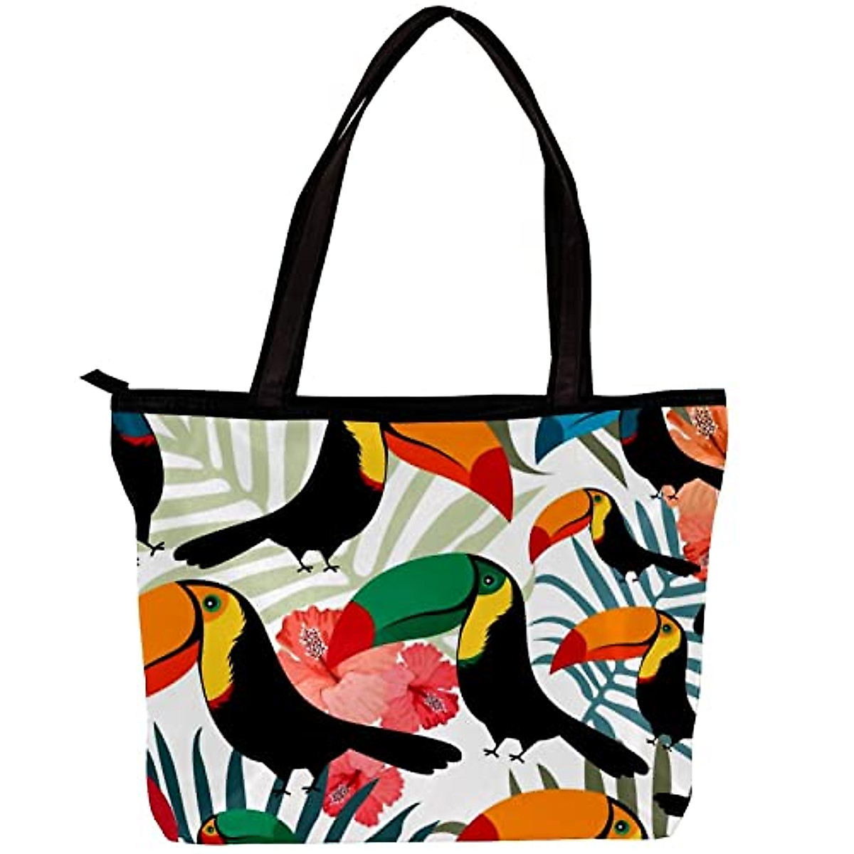 Women's Large Size Canvas Shoulder Bag Hobo Crossbody Handbag Casual Tote, Tropical Animal Parrot Hawaiian Flower
