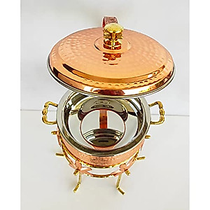 Indian Art Villa Steel Copper Chafing Dish Set of 1 Handi With Lid & 1 Brass Stand, Serveware Item for Dinner Party & Functions, Volume-44 Oz