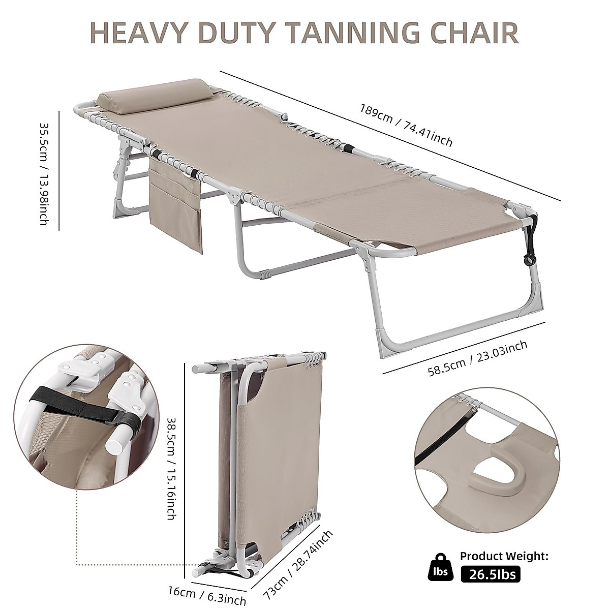Tanning Chair for Adults with Face Hole- Versatile, Folding Chaise Lounge Chair for Outside Pool, Beach, Sunbathing and Reading on Stomach - Heavy Duty, Foldable Laying Out Chair for Tanning (Beige)