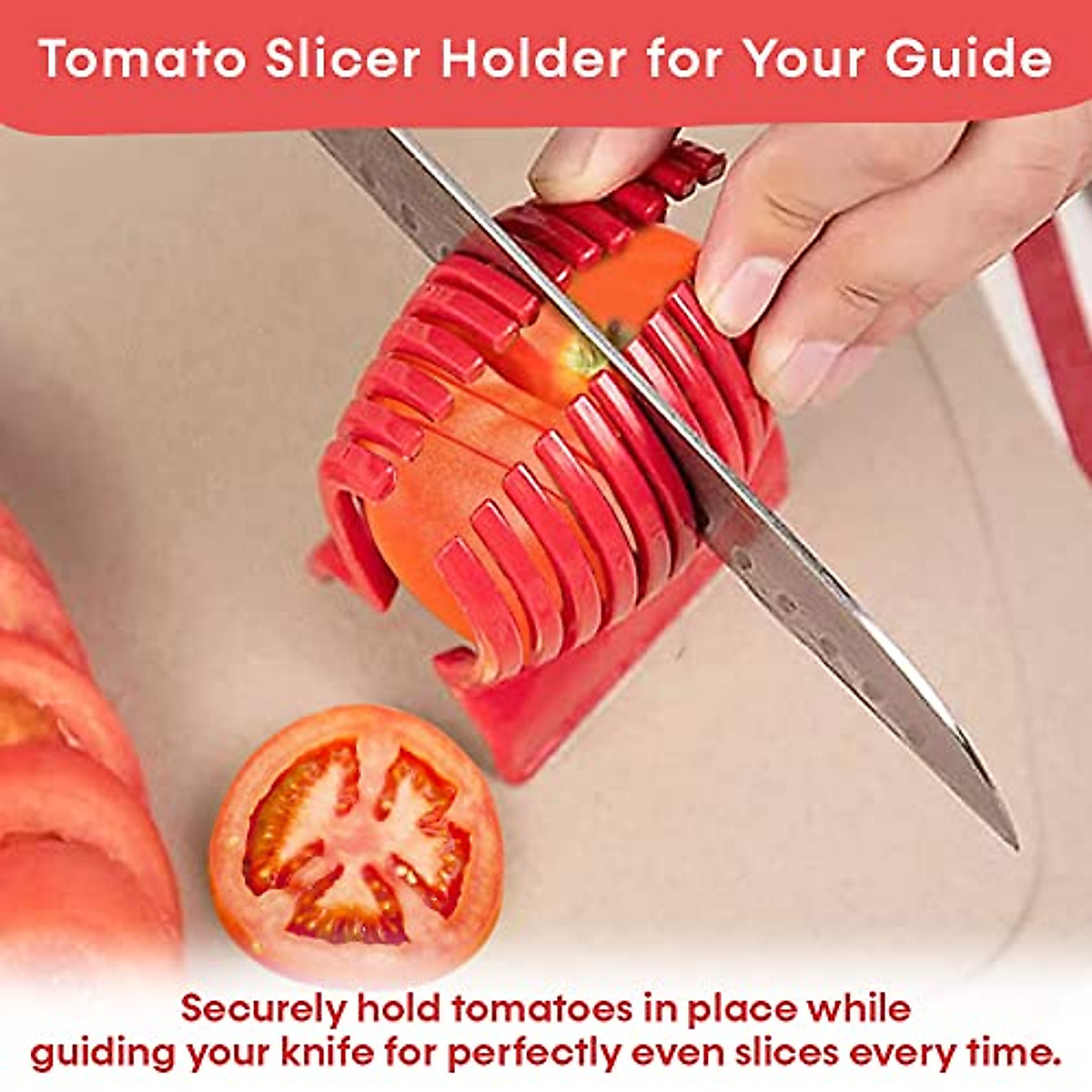 Tomato Slicer Holder with Ergonomic Grip and Dividers Vegetable Cutter for Precise Cuts Firm Tomatoes Lemons Potatoes Round Fruits Kitchen Cutting Aid Gadgets Tool