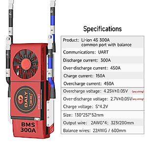 DALY Smart BMS Li-ion 4S 300A 12V BMS with Cooling Fan and Bluetooth Module SOC Monitoring for Rated 3.7V Lithium Battery Pack Home Back Up Power Storage(Smart BMS,300A Fan)