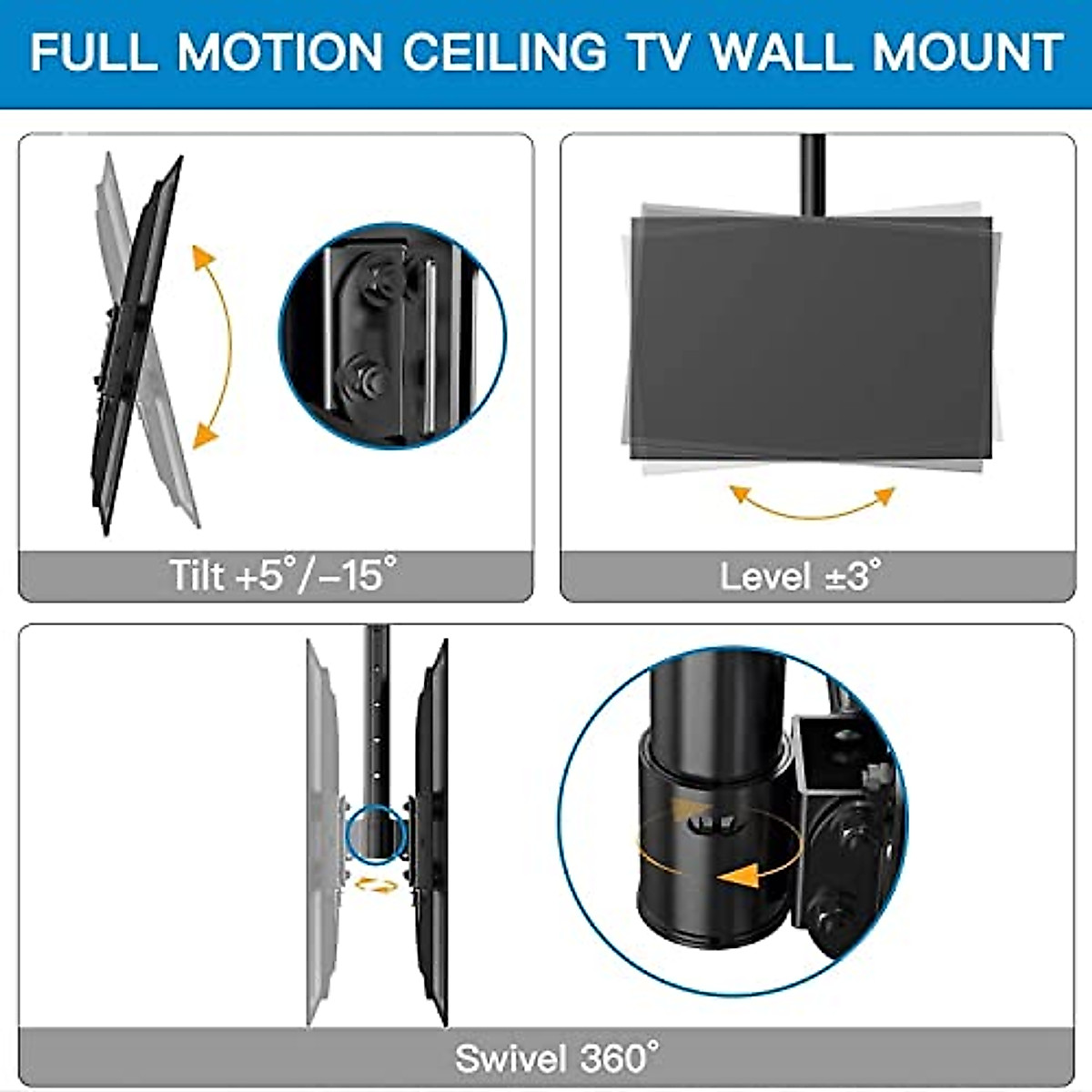 PERLESMITH Ceiling TV Mount, Hanging Full Motion TV Mount Bracket Fits Most 26-55 inch LCD LED OLED 4K TVs, Flat Screen Displays, TV Pole Mount Holds up to 99lbs, Max VESA 400x400mm, PSCM2