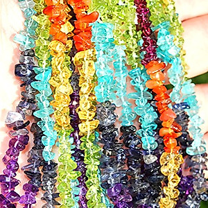 Zenergy Gems CHARGED 7 Chakra Necklace 18" Premium Tumble Polished Crystal Gemstone Chips Necklace (Amethyst, Iolite, Blue Apatite, Peridot, Citrine, Carnelian Agate, & Garnet) + Selenite Heart