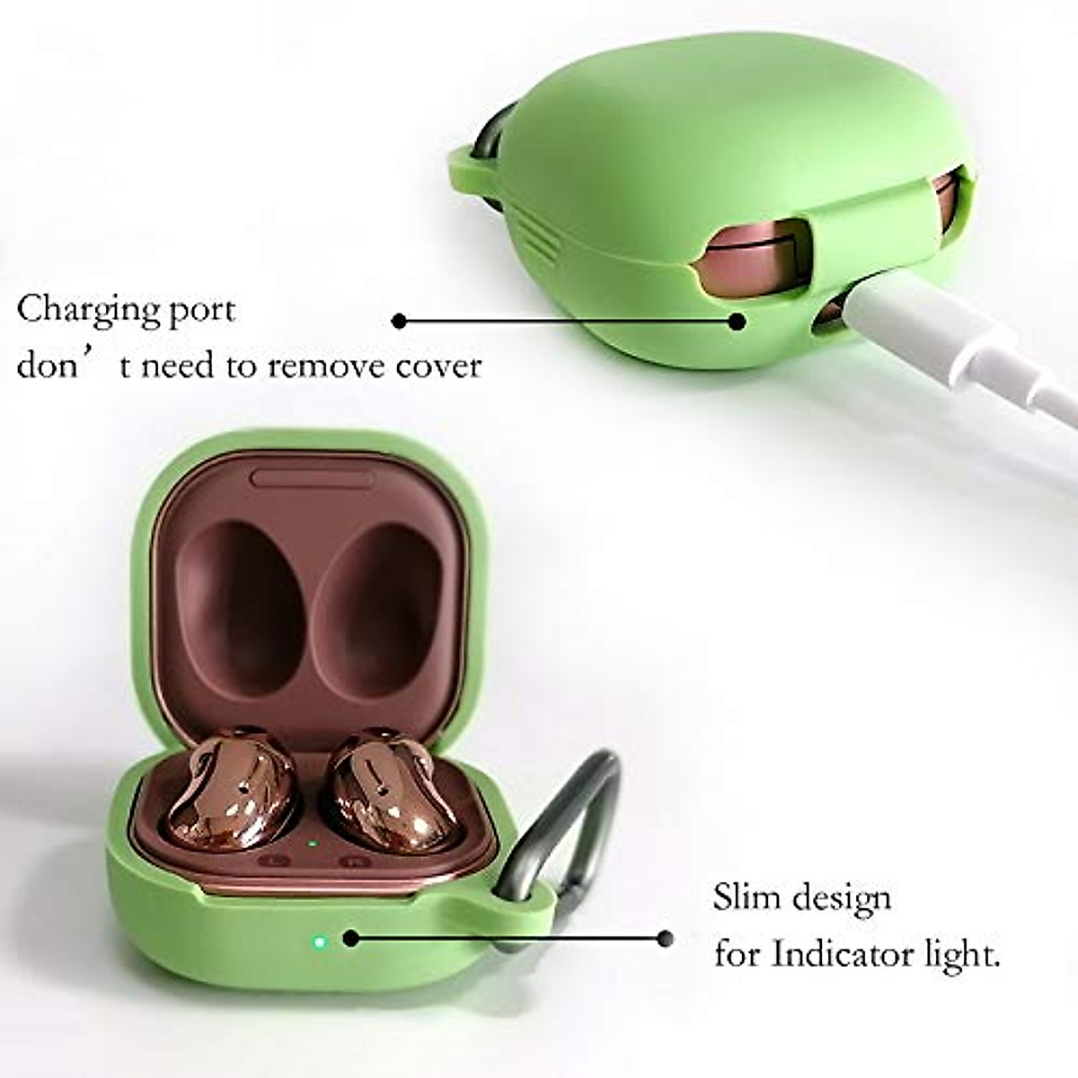 ZALUJMUS Silicone Case for Samsung Galaxy Buds Live, Anti-Break Anti-Lost & Shockproof Easy Carrying Protective Case Cover with Carabiner (GrassGreen)