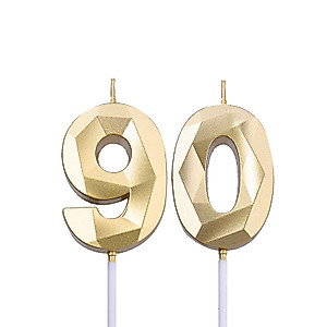2 inch Gold 90 Birthday Candles, 3D Diamond Number 90 Cake Topper for Men Women Birthday Party Decorations Theme Party