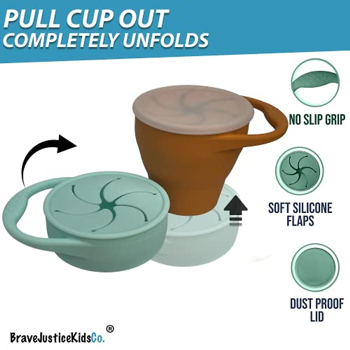 BraveJusticeKidsCo. | Snack Attack Silicone Baby Snack Cup | 2 pack | Collapsible Snack Cup (Honey Ginger and Island Paradise)