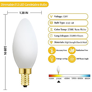 XININSUN E12 Frosted Candelabra Bulb 40W Equivalent, E12 LED Matt White Porcelain Dim-to-Warm 2000-2800K CRI 92 Excellent Color Accuracy, Dimmable LED Bulb Candle Chandelier Bulbs,6 Pack