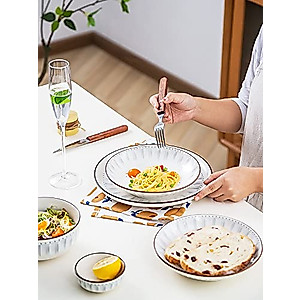 8 Inches Unique Light Blue Lines&Dots Design Ceramic Dinner Plates-Set of 2-White Kitchenware