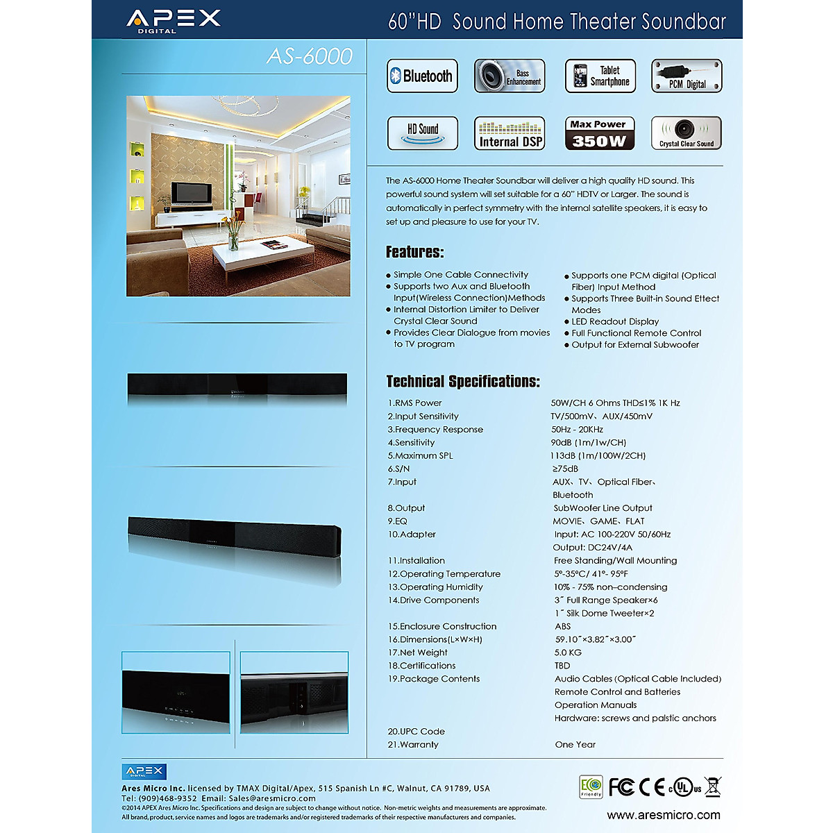 Apex Digital ASB 6000 HD Digital Home Theater Sound Bar, 350W