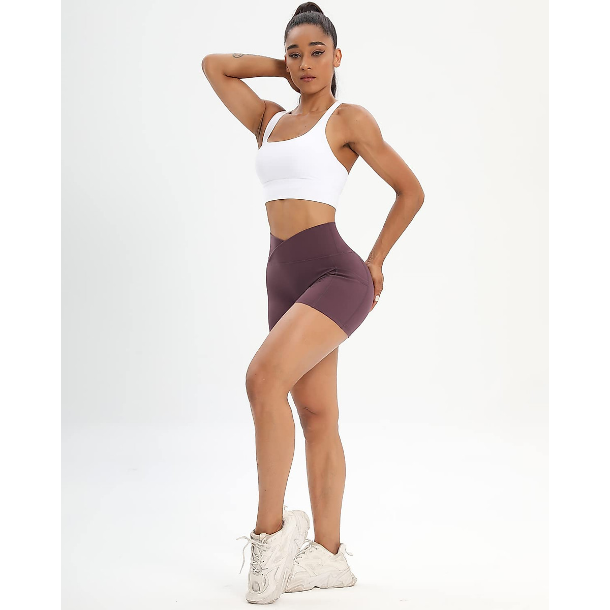 Workout Shorts for Women 2 Pcs Pack Cross Waist Active Gym Spandex Stretchy Yoga Compression with Side Pockets Burgundy+Olive-M