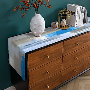 TQFZP Light Blue and Grey Abstract Modern Table Runner with Place Mats Set of 7 Graffiti Art Painting Linen Dining Mat Sets Washable Tabletop for Home Decorations 108 Inches Long