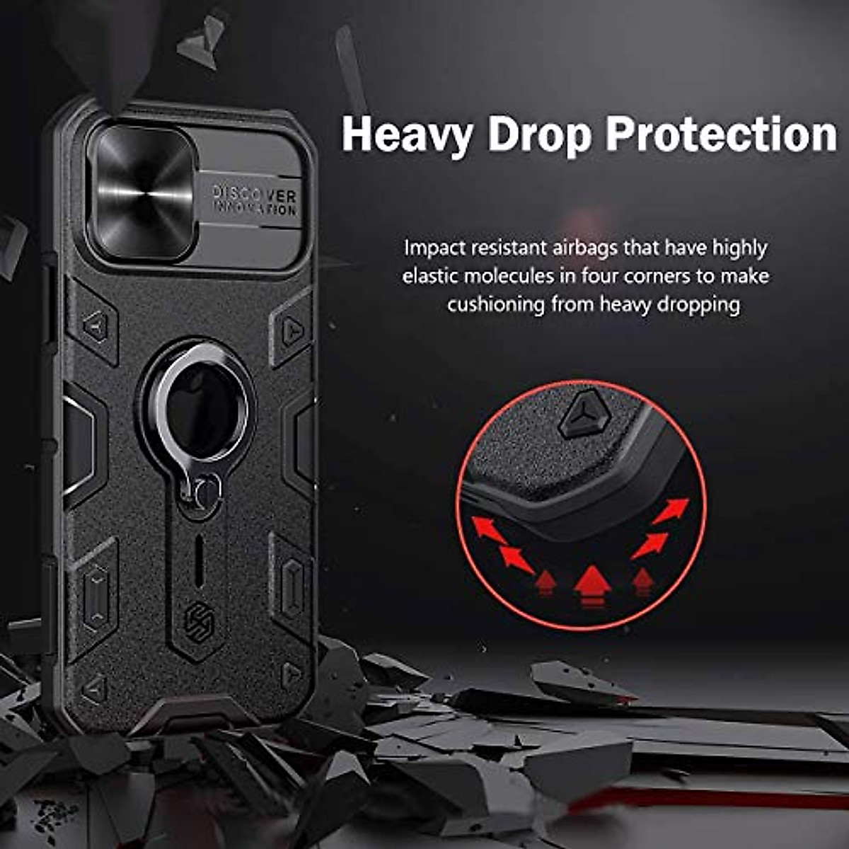 CloudValley Compatible with iPhone 12, 12 Pro Case with Camera Cover & Kickstand, Slide Lens Protector + 360° Rotate Ring Stand, Black Armor Style, Impact-Resistant, Shockproof, Protective Bumper