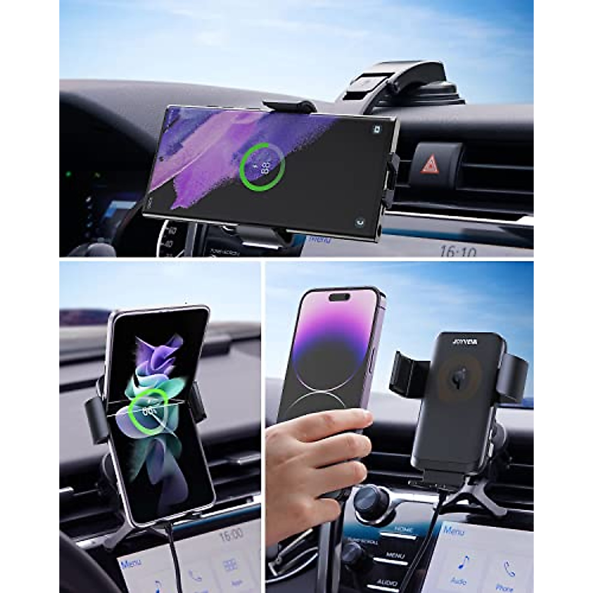 JOYVEVA Wireless Car Charger, Auto Alignment Auto Clamping Car Charging Mount for iPhone14/14 Pro Max/13/13 Pro/12/12 Pro/11/10/8, Vent Dashboard Car Phone Holder for Galaxy S23/S23+/S23Ultra/Flip4/3