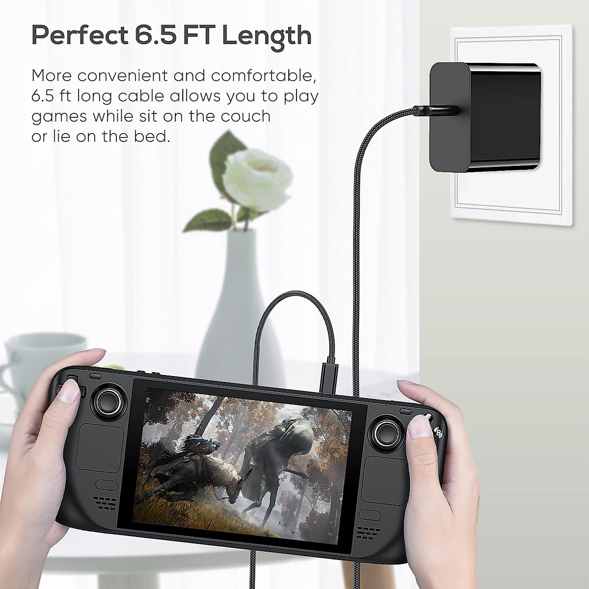 65W Fast Charger for Steam Deck OLED/Nintendo Switch//PlayStation Portal/ROG Ally/Swicth Lite, 65W/45W Charger PD Power Adapter with Foldable Plug for Steam Deck TV Dock(6.6FT USB-C Cable)